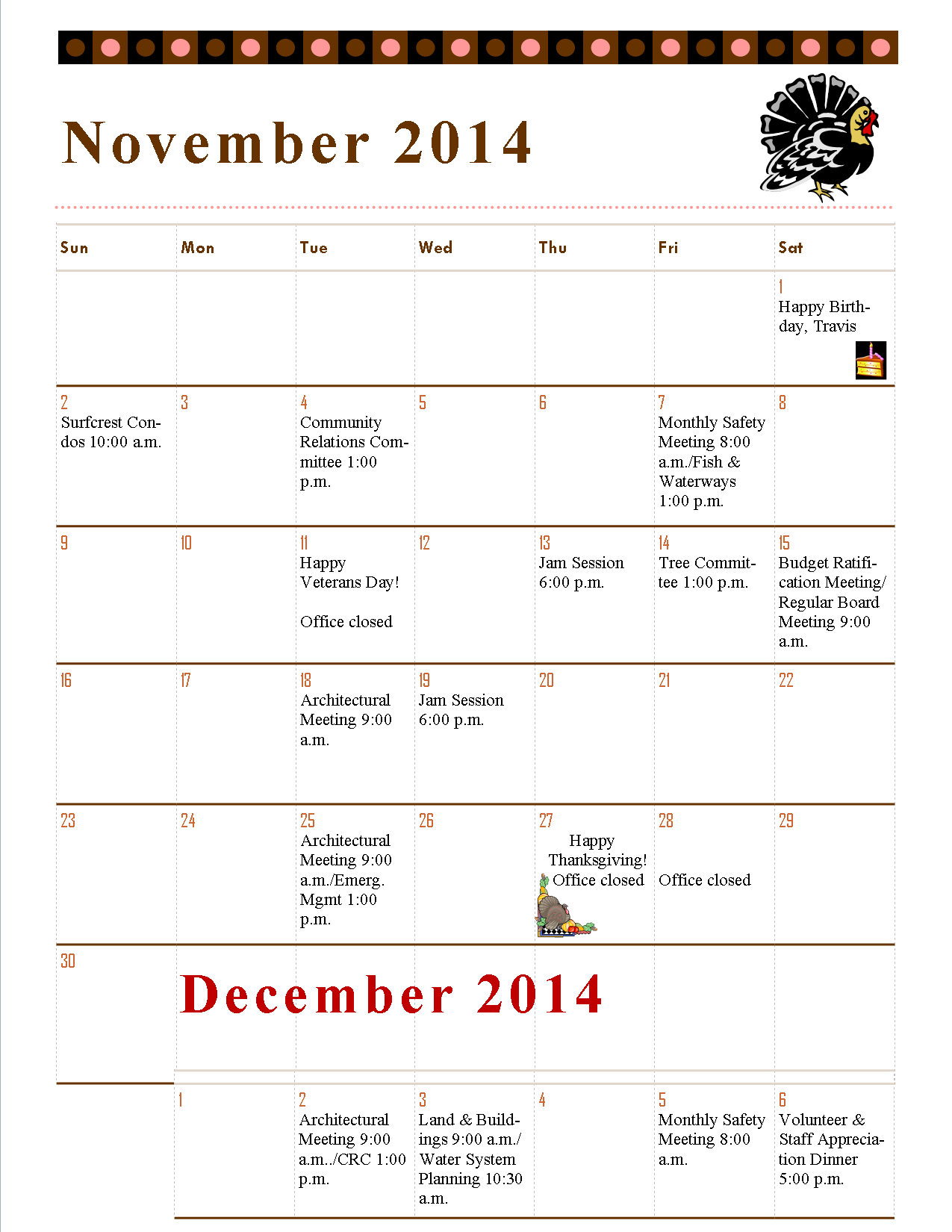 Calendar November December 2014